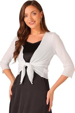 Allegra K Cardigan Court pour Femme Gilet en Maille Pailletée Noué sur Le Devant Boléro Tricot à Manches 3/4 Shurg pour Robe de Cocktail Blanc S