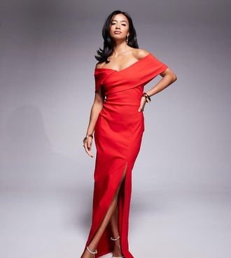 Vesper Robe longue en bengaline avec épaules dénudées et détail croisé à lavant - Rouge