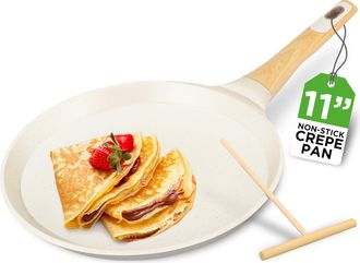 Nutrichef NutriChef Crepe Pfanne 28 cm Wei&szlig;- Antihaft & Marmorbeschichtet Mit Holzspatel, Induktionsgeeignet & sp&uuml;lmaschinenfest F&uuml;r Cr&ecirc;pes, Dosas & Pfannkuchen