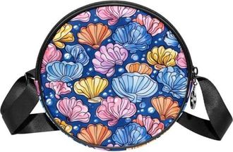 Generic Sac &agrave; bandouli&egrave;re Circle pour femme, petit sac &agrave; bandouli&egrave;re color&eacute; Seahells avec fermeture &eacute;clair, bretelles r&eacute;glables, sac &agrave; main rond d&eacute;contract&eacute; p