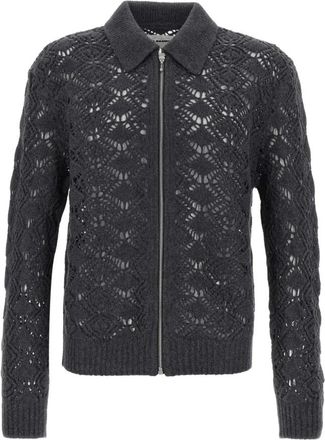 Jil Sander Homme, Pulls, Gris, Taille: L Veste zipp&eacute;e &agrave; col en maille crochet&eacute;e
