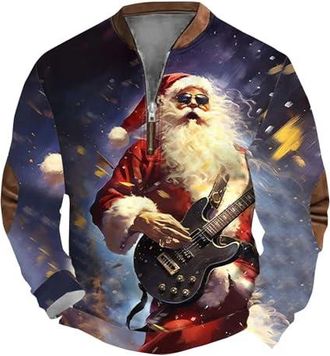 Generic Pull de Noël 2025 amusant de Noël imprimé quart de fermeture éclair pour homme Sweat à manches longues avec motif Père Noël Fermeture éclair 1/4 pour 