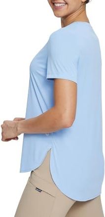 Baleaf T-shirt à manches courtes pour femme - Col rond - Pour entraînement - Protection solaire - Séchage rapide - UV, bleu, L