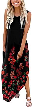 Generic Robe longue d&eacute;t&eacute; 2026 boh&egrave;me pour femme, col rond, sans manches, fendue, longue poche, d&eacute;bardeur de plage, Rouge, M