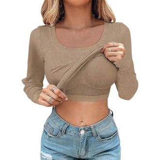 Generic Soutien-gorge int&eacute;gr&eacute; &agrave; manches longues et col en U pour femme - Haut c&ocirc;tel&eacute; &eacute;l&eacute;gant - Coupe ajust&eacute;e - Tissu - Soutien-gorge - Chemises et sous-v&ecirc;teme