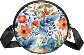 Generic Sac &agrave; bandouli&egrave;re rond pour femme, motif fleurs et feuilles, sac &agrave; dos avec fermeture &eacute;clair, bretelles r&eacute;glables, sac &agrave; main rond d&eacute;contract&eacute; pour fe