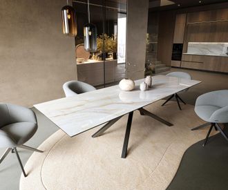 DELIFE Esstisch Edge 300x100 cm Keramik Onyx Pearl Kreuzgestell Rechteck Edelstahl Graphit, Esstische