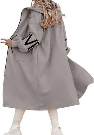 Generic Veste dhiver décontractée à capuche et manches longues en tricot patchwork pour femme, gris, XXL