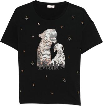 Liu Jo Femme, Tops, Noir, Taille: 40 FR T-shirt &agrave; manches courtes et col rond avec imprim&eacute; animalier et embellissements