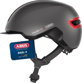 ABUS Urban Helm HUD-Y - mit magnetischem, aufladbarem LED-R&uuml;cklicht & Magnetverschluss - cooler Fahrradhelm f&uuml;r den Alltag - Damen und Herren - Titan/Rot M