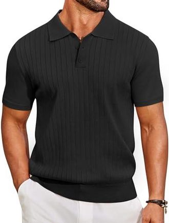 Coofandy Polo Homme &Eacute;t&eacute; Tricot&eacute; Manches Courtes T-Shirt Golf Stretch Slim Fit D&eacute;contract&eacute; Noir M