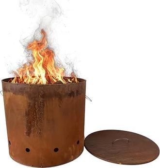 Relaxdays Feuertonne, Cortenstahl, Rostoptik, HxD: 45 x 49,5 cm, Industrial Feuerschale mit Deckel, Garten, rotbraun