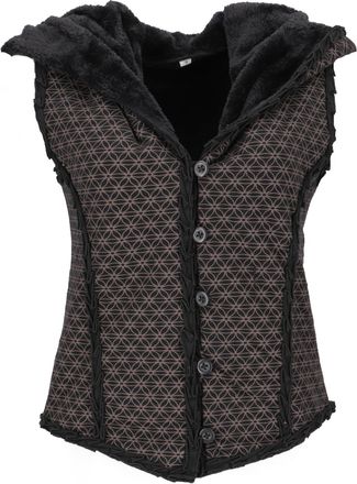 Guru Shop Kurze Goa Weste mit Weiter Flauschiger Kapuze Flower of Life - Schwarz/braun, Damen, Baumwolle, Size:S