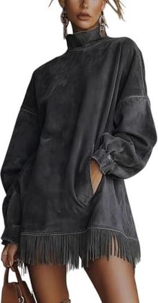 Generic Robe à col roulé en daim confortable avec ourlet à franges, col haut, robe vintage à manches longues et poche ample en velours pour femme, Noir, XL