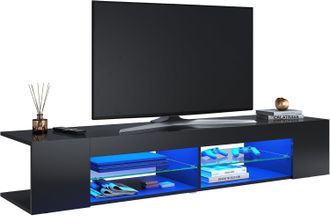 Sonni TV Schrank, Lowboard, mit LED-Beleuchtung, 12 Farben k&ouml;nnen eingestellt Werden, Fernsehtisch, TV-Regal, Fernsehschrank, Glasb&ouml;den, Hochglanz, Schwarz,