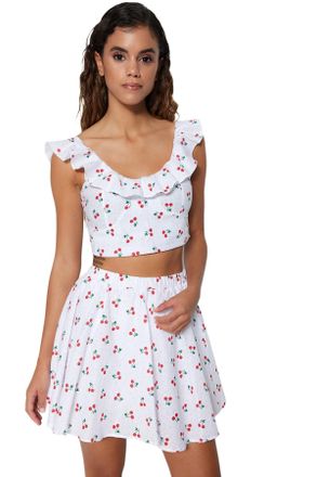 Trendyol Trendyol Womens Gemusterter Rüschen Detaillierter Unterer Top-Anzug Skirt Set, Weiß, 38