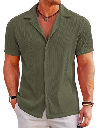 Coofandy Sommerhemd Herren Hemd Kurzarm Freizeithemd Kurzarmhemd Strandhemd Freizeithemd Herrenhemden Kurzarm Urlaubshemd Kuba-Kragen Gr&uuml;ne Olive XXL