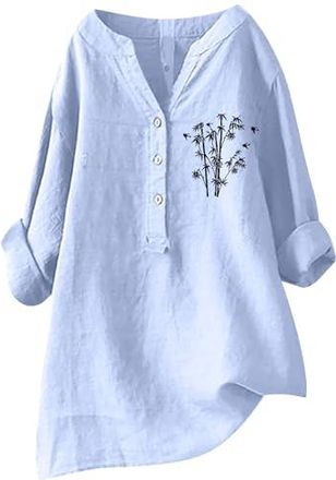 Generic Haut &agrave; manches mi-longues en lin pour femme, chemises d&eacute;t&eacute; surdimensionn&eacute;es pour printemps, automne, club graphique, robes d&eacute;contract&eacute;es &agrave; porter avec