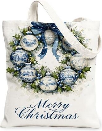 Generic Sacs fourre-tout en toile pour d&eacute;corations de No&euml;l, motif couronne de vacances, sacs r&eacute;utilisables, vintage, l&eacute;gers, lavables avec bandouli&egrave;re, Bleu, 