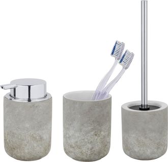 Schöner Wohnen Kollektion Bad-Accessoire Set Mod. Londa 3-teilig aus Keramik in Zementoptik mit Seifenspender Zahnputzbecher und WC-Garnitur Maße 38 x 11,5 cm Farbe Grau