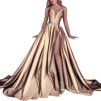 Generic TDEOK Robe de bal longue princesse pour femme avec crinoline - Robe de bal en soie avec fente longue et dos nu - Robe de soirée maxi élégante - Col en