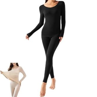 Generic Sous-vêtements thermiques élastiques sans couture, sous-vêtements thermiques ultra fins pour femme, ensemble de couches de base dhiver douces, Noir, X