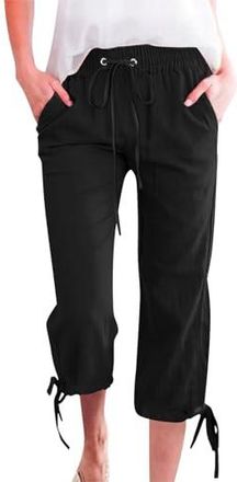 Generic Pantalon 3/4 d&eacute;t&eacute; pour femme - Pantalon en lin pour femme - Pantalon d&eacute;t&eacute; l&eacute;ger avec cordon de serrage - Poches - Taille haute - Pantalon de loisirs -