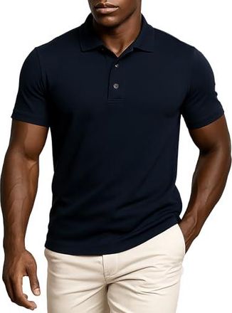 LEIF NELSON Polo stretch pour homme &agrave; manches courtes en m&eacute;lange de coton, classique et moderne, &eacute;lastique, respirant, facile dentretien, bleu fonc&eacute;, M