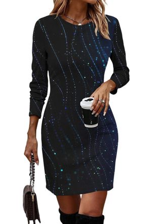 Onsoyours Weihnachtskleid Damen Weihnachtsdruck Pulloverkleid Langarm Rundhals Weihnachten Minikleid Schneeflocken Muster Partykleid Elegant Wickelkleid Slim Fi