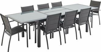 Sweeek Salon de jardin table extensible - Philadelphie Gris anthracite - Table en aluminium 200/300cm. plateau de verre. rallonge et 8 fauteuils en textil&egrave;ne