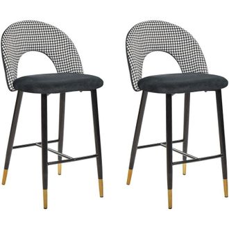 Beliani Barstuhl 2er Set Schwarz-Wei&szlig; Samtstoff Kariert mit Schwarz-Goldenen Metallbeinen Fu&szlig;st&uuml;tze Glamour&ouml;ser Look Modern Esszimer Wohnzimmer K&uuml;che