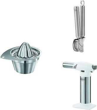 Rösle Presse-Citron Manuel - Pour les Agrumes, Citrons, Citrons Verts, Oranges+Presse-ail avec Racloir - Presse pour Gingembre et Ail, avec Tamis Dépliable+