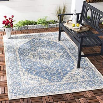 Safavieh Traditionell Teppich für Wohnzimmer, Esszimmer, Schlafzimmer - Beachhouse Collection, Kurzer Flor, Blau und Creme, 91 X 152 cm