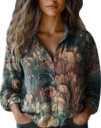 Generico Chemise Femme d&Eacute;t&eacute; D&eacute;contract&eacute; &agrave; Manches Longues Chemises en Lin Coton &Eacute;l&eacute;gant Respirant Blouse Col en V L&eacute;ger Chemisier Vintage Fantaisie avec Bouton