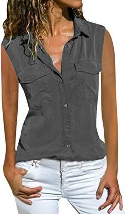 Generic Chemise sans manches pour femme - Chemise boutonn&eacute;e de couleur unie - D&eacute;bardeur confortable - D&eacute;bardeurs d&eacute;contract&eacute;s &agrave; col &agrave; revers avec poches - Che