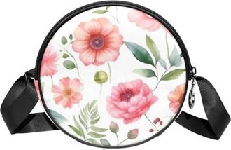 Generic Petit sac &agrave; bandouli&egrave;re circulaire pour femme, motif feuilles florales, sac &agrave; dos avec fermeture &eacute;clair, bretelles r&eacute;glables, sac &agrave; main rond d&eacute;contra