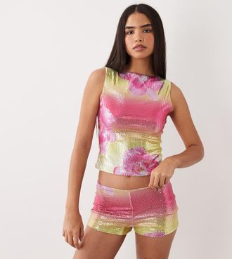 KAIIA Exclusive - Knappe Pailletten-Shorts in Zitronengelb mit rosa Blumenmuster, Kombiteil-Mehrfarbig