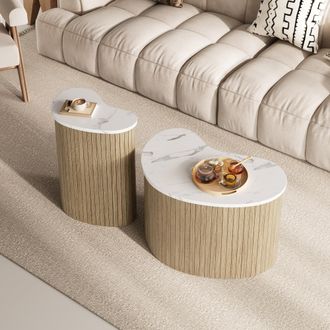 Merax Couchtisch Set, 60x37x38+40x25x50 cm, Wohnzimmertisch mit Marmoroptik und Holzmaserung, Zweiteiliger Beistelltisch mit geschwungenem Design, flexibel 