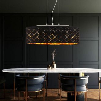 ETC Shop Deckenleuchte hängend Hängelampe Esstisch Wohnzimmer Lampe Decke hängend Wohnzimmer, 3 Flammig Stanzungen, Metall Textil schwarz gold, 3x led 7W