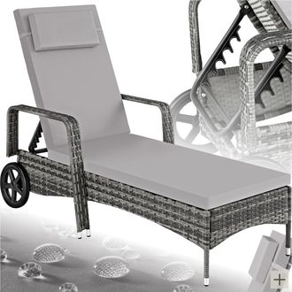 TecTake Poly Rattan Gartenliege mit Rollen, 6-Fach höhenverstellbarer Liegestuhl, bis 120kg belastbar, Sonnenliege Rattan (wetterfest), Liege inkl. Polster un