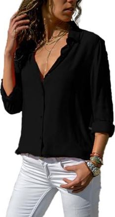 SHEKINI Chemisier dété pour Femme - en Mousseline - Col à Manches Longues - Haut élégant pour Le Business, Noir, 3XL