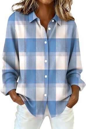 Generic Chemisier &agrave; manches longues &agrave; carreaux pour femme - Chemise d&eacute;t&eacute; &agrave; carreaux - Chemisier boutonn&eacute; - Haut d&eacute;contract&eacute; - Col en V - Boutonni&egrave;re - Haut 20