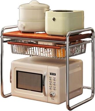Generic &Eacute;tag&egrave;re Micro Onde 2 Niveaux, Support for Cuisine Rangement, avec Tiroir Et Panneau Bois, Etagere en Acier Au Carbone, Charge 25 Kg(Big)