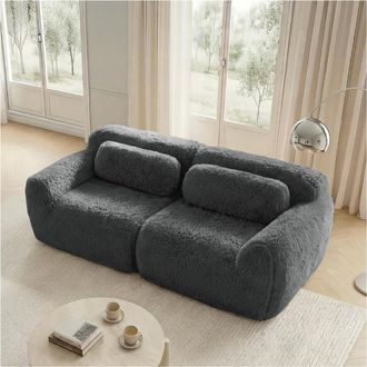 Generic Modernes 2-Sitzer-Sofa, modulares Sofa, rutschfeste Basis, mit 2 Kissen, extra breite ergonomische Armlehnen,for Lesen und Arbeiten(Gris+Peluche+2 Pla
