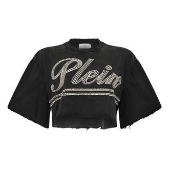 Philipp Plein Femme, Tops, Noir, Taille: 38 FR Cropped T-Shirt Strass Signature