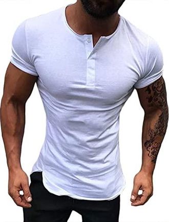 ORANDESIGNE T-Shirt Henley à Manches Courtes pour Hommes Poids Léger Détendu en Forme Décontractée avec Boutons Patte de Boutonnage Col Rond Chemises Slim Fit Tee