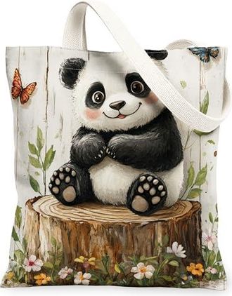 Generic Sac fourre-tout en toile motif pandas printaniers 33 x 38,1 cm, sac d&eacute;picerie r&eacute;utilisable pour femme, peinture de voyage, d&eacute;coration cadeau
