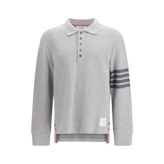 Thom Browne Homme, Tops, Gris, Taille: XL Polo Textur&eacute; en Piqu&eacute; avec 4-Barres et Manches Longues