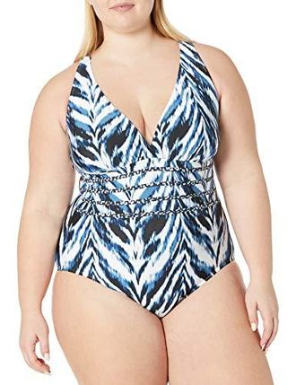 La Blanca Womens Plus Size Multi Strap Cross Back One Piece Swimsuit, Indigo//Animal Instinct, 18W