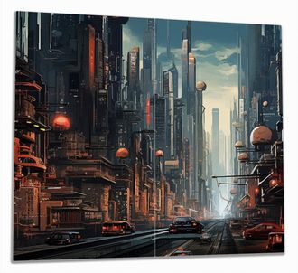 Wallario Herdabdeckplatte/Spritzschutz aus Glas, 2-teilig, 60x52cm mit 13mm hohen Füßen, für Ceran- und Induktionsherde, Technologie-Metropole